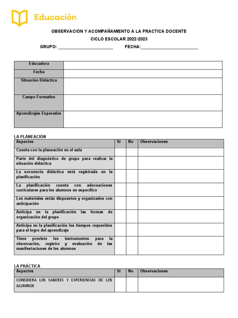Formato de Observacion y Acompañamiento A La Practica Docent | PDF ...