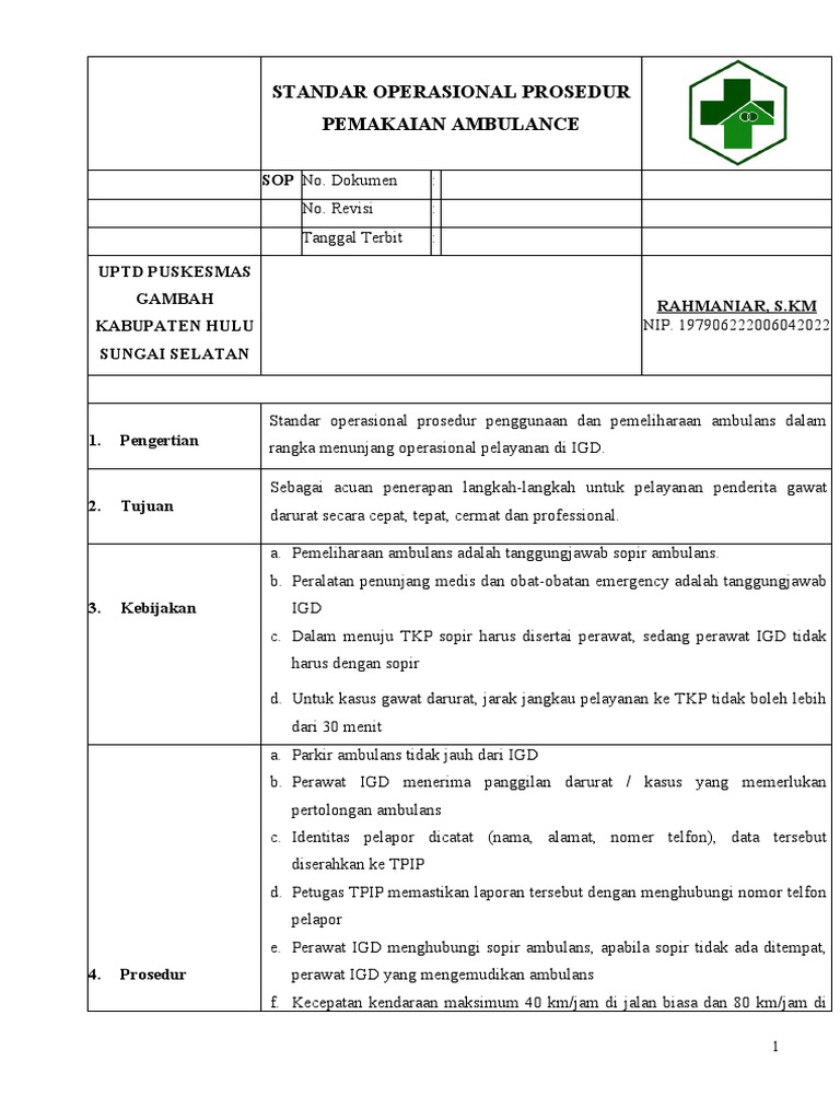Standar Operasional Prosedur Pemakaian Ambulan | PDF