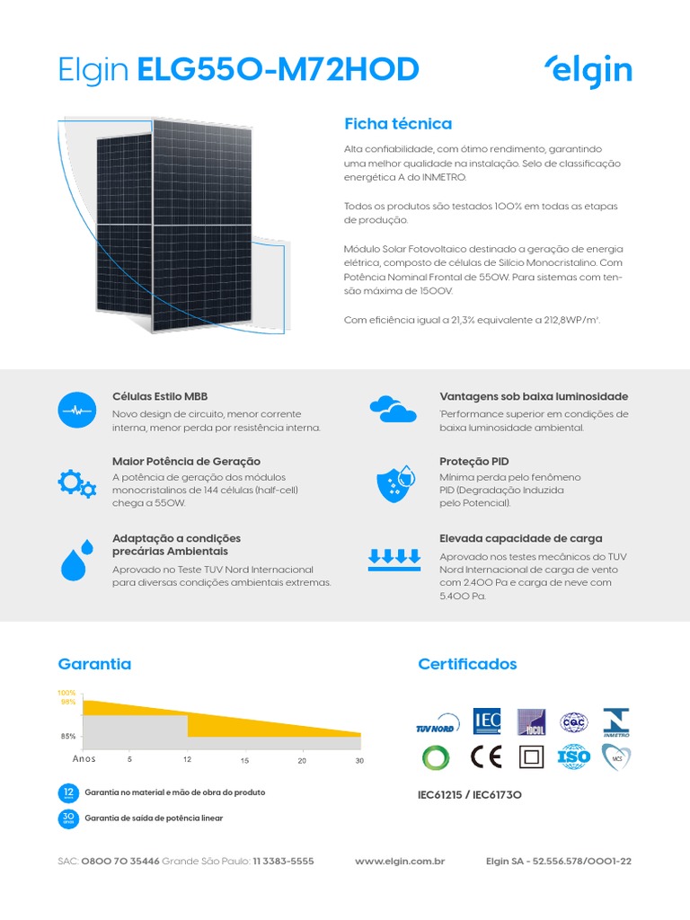 datasheet-painel-solar-550w-elgin-ELG550-M72HOD_V1 | PDF | Corrente ...