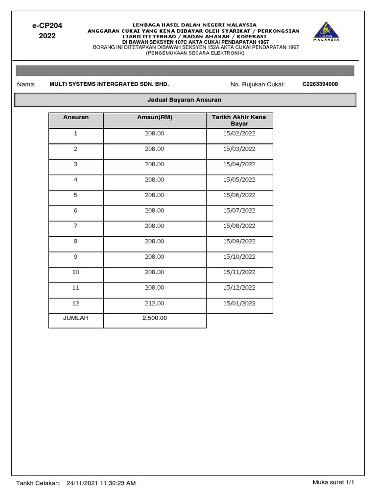 Jadual Bayaran Ansuran CP204 - MULTI SYSTEMS INTERGRATED SDN BHD | PDF