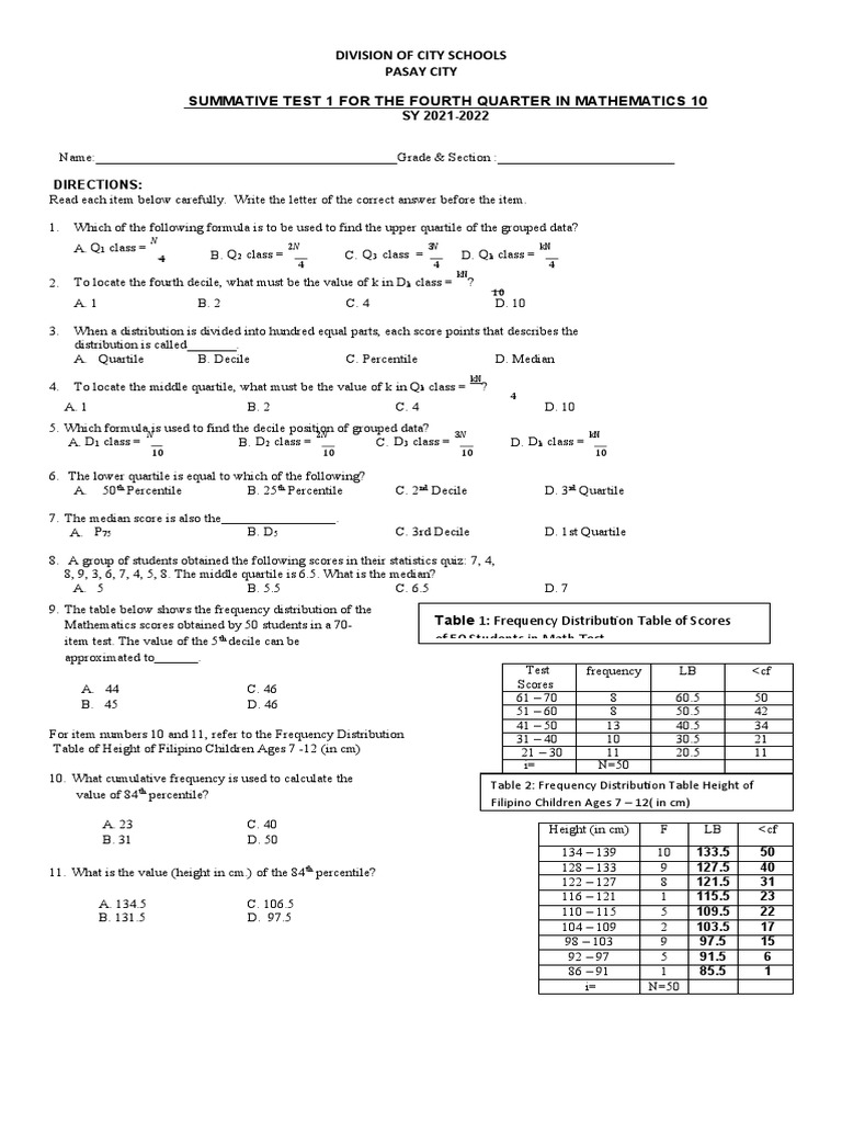 Math10 Q4 Summative Test 1 | PDF | Median | Percentile