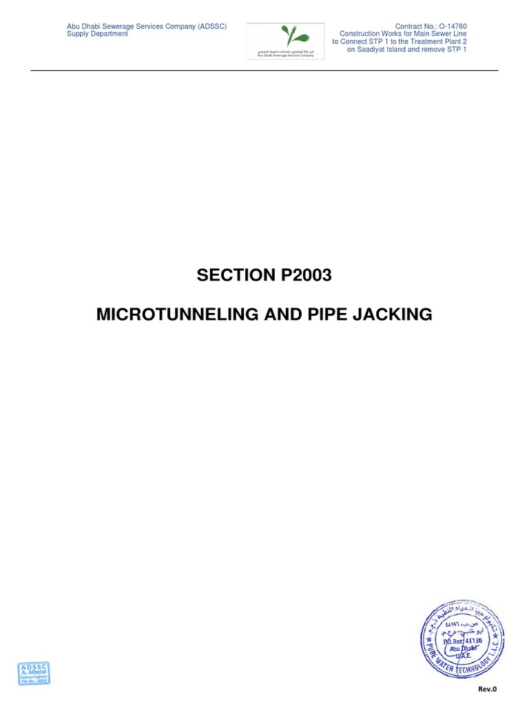 Section P2003 Microtunneling and Pipe Jacking | Download Free PDF | Pipe (Fluid Conveyance) | Tunnel