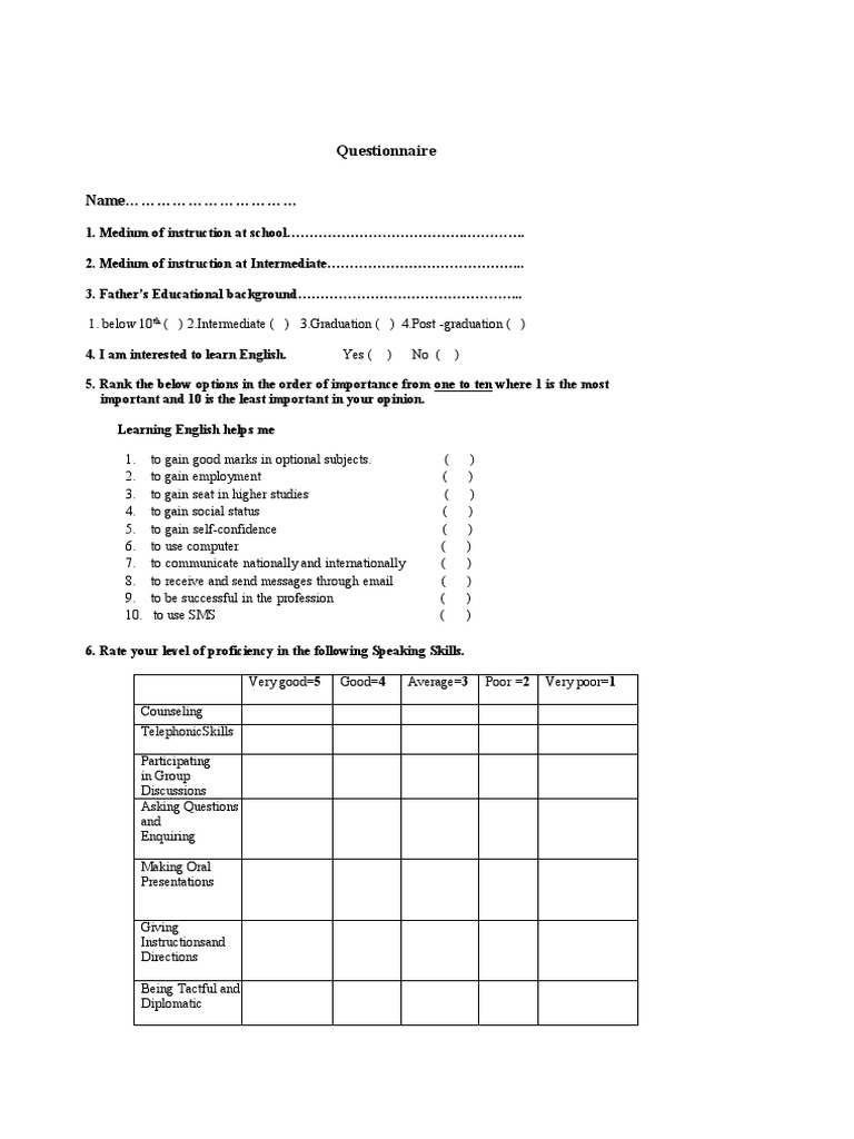 English language skills questionnaire for nurses | PDF | English ...