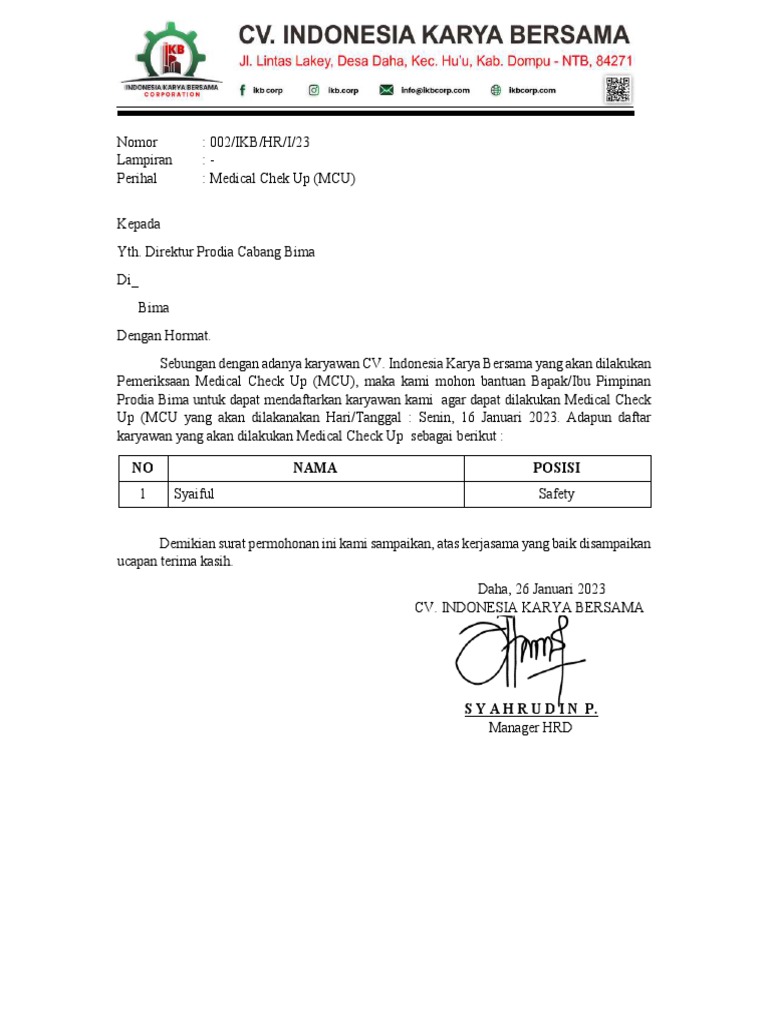 Surat Permohonan Medical Check Up Karyawan | PDF | Pengelolaan Keuangan ...