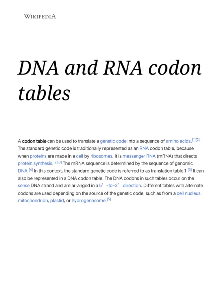 Dna And Rna Codon Tables Wikipedia Download Free Pdf Genetic Code