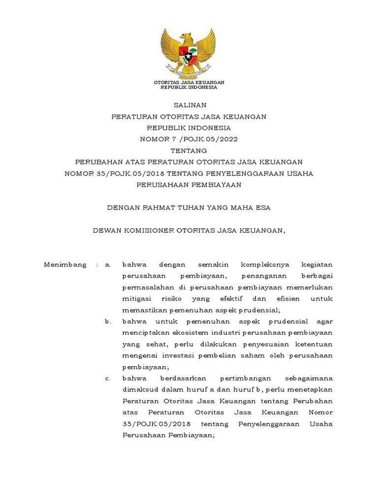 Perubahan POJK 35/2018 untuk Pembiayaan | PDF | Pengelolaan Keuangan & Uang