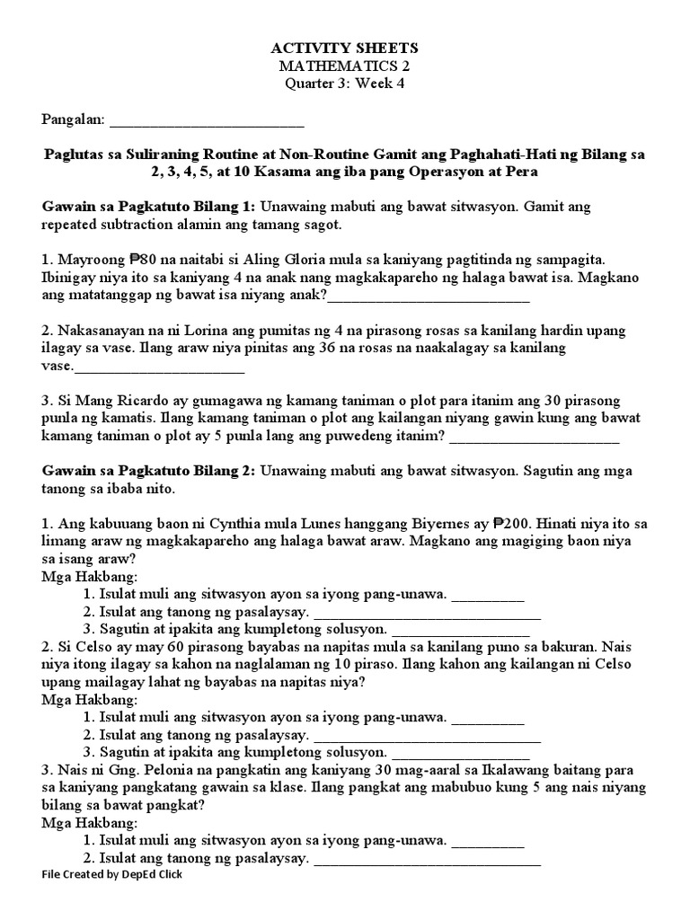 Mathematics 2 Activity Sheet q3 w4 | PDF