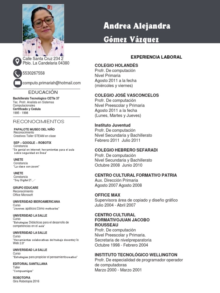 CV Andrea Alejandra Gomez Vazquez | PDF | Educación de la primera infancia | Informática
