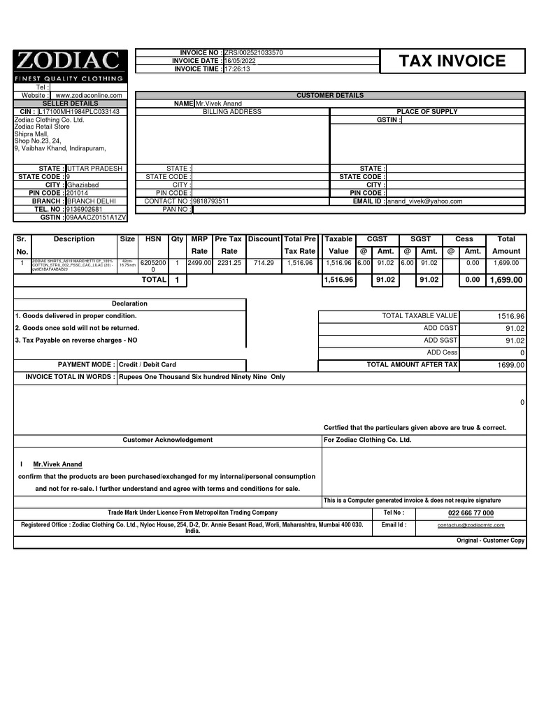 Bill Zodiac | PDF | Invoice | Taxes