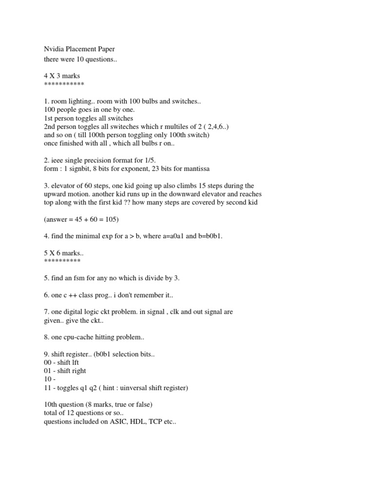 Nvidia Placement Paper | PDF | Bit | Computer Architecture