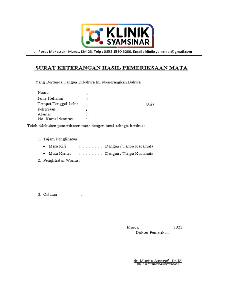 SURAT KETERANGAN HASIL PEMERIKSAAN MATA DR Munjia | PDF | Sains ...