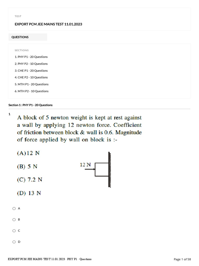 JEE Mains PCM Test Questions 2023 | PDF | Standardized Tests | Tests