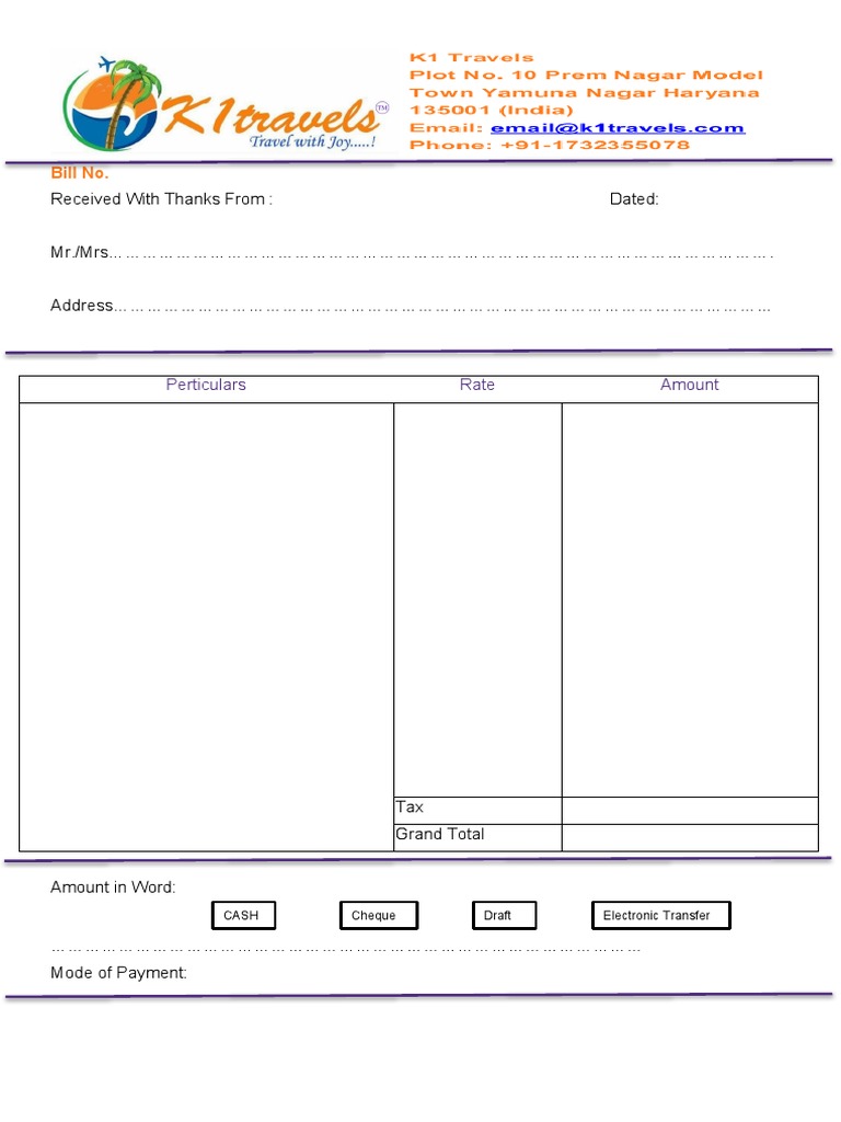 Tour and Travel Bill - Without GST | PDF