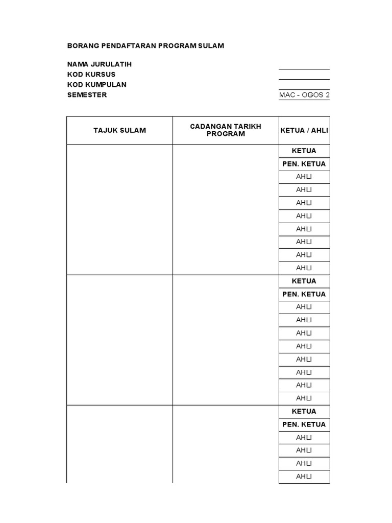 Borang Pendaftaran Program SULAM | PDF