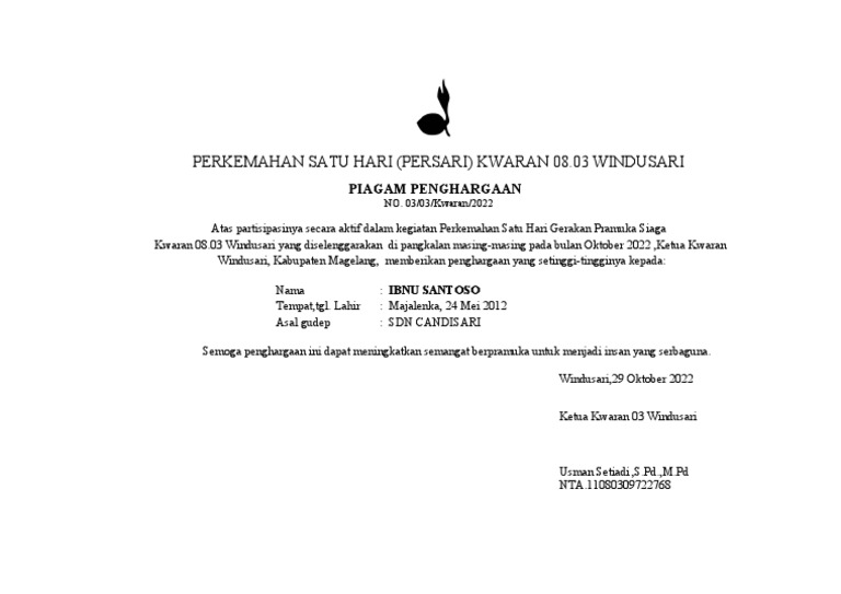 Piagam Penghargaan Pramuka Siaga | PDF