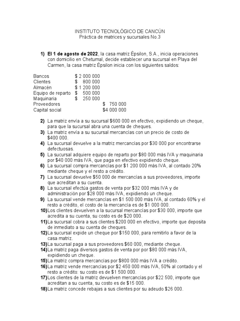 Practica 3 Ejercicio Matriz y Sucursal | PDF | Cheque | Economias