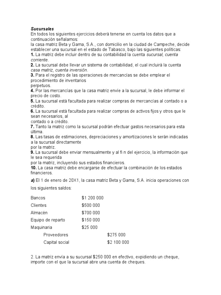 Ejercicio Sucursal y Matriz | PDF | Cheque | Contabilidad