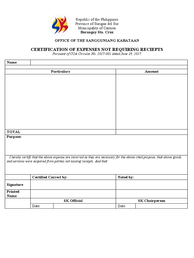 Certification of Expenses Without Receipts from the Sangguniang Kabataan of Barangay Sta. Cruz ...