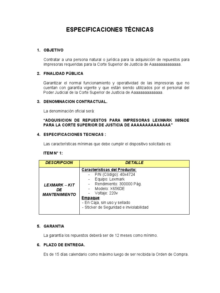 Kit de Mantenimiento Lexmark X656DE - ESPECIFICACIONES TECNICAS | PDF