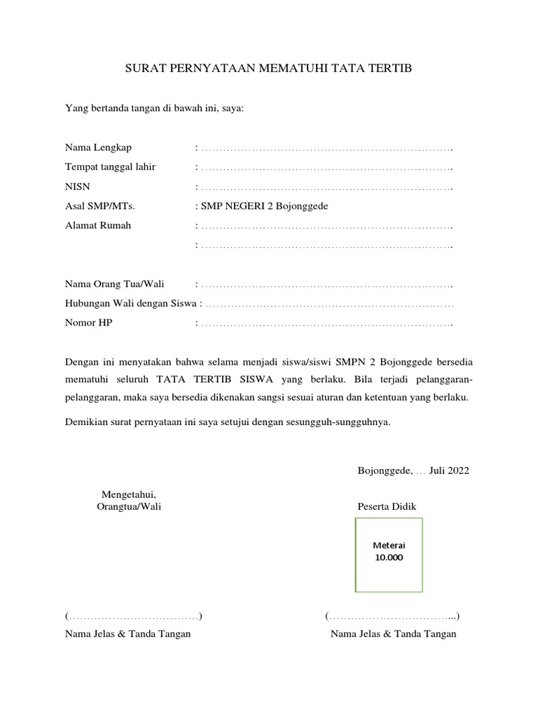 Surat Pernyataan Mematuhi Tata Tertib | PDF