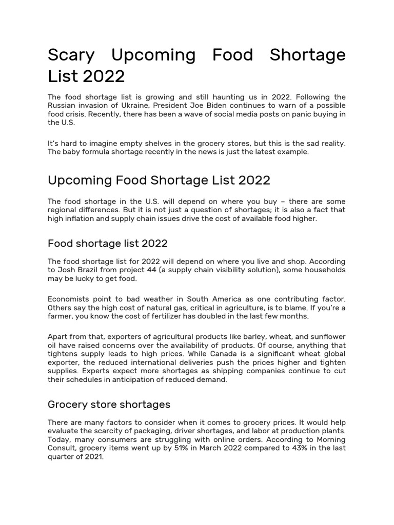 Scary Upcoming Food Shortage List 2022 | PDF | Foods | Grocery Store