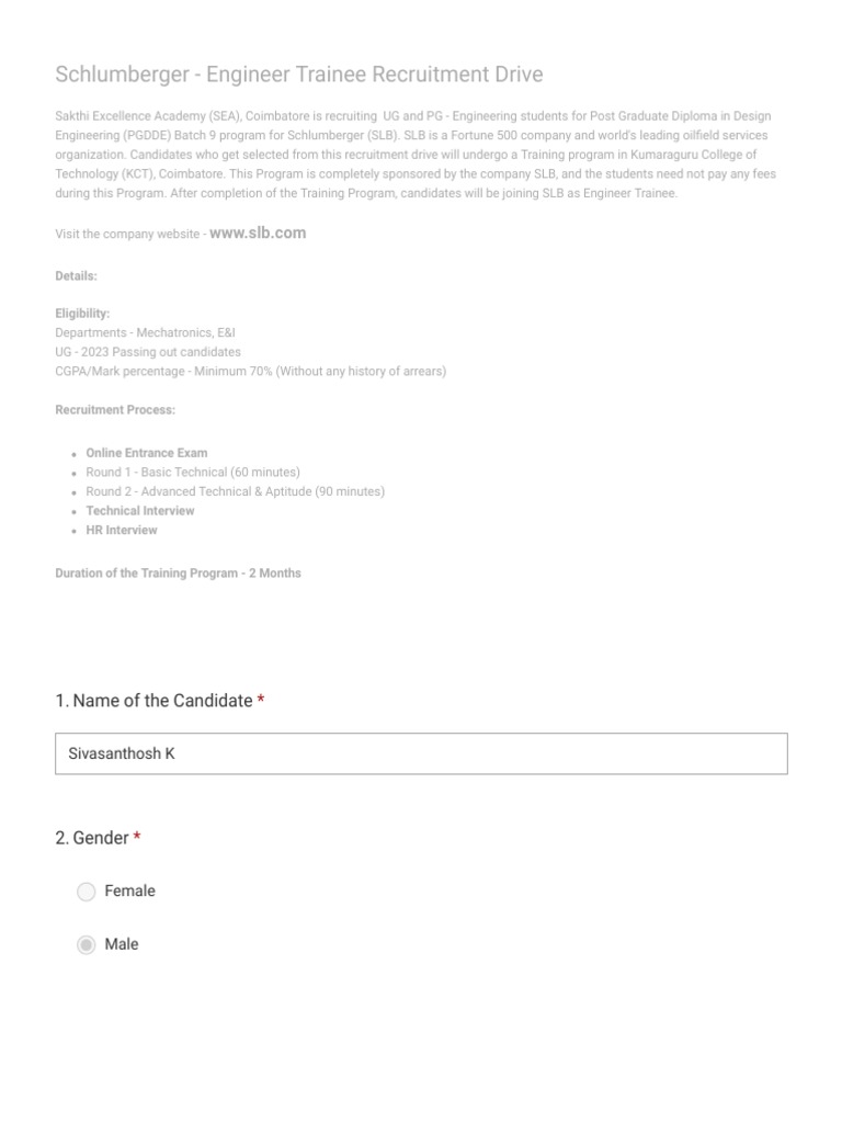 Schlumberger - Engineer Trainee Recruitment Drive | PDF