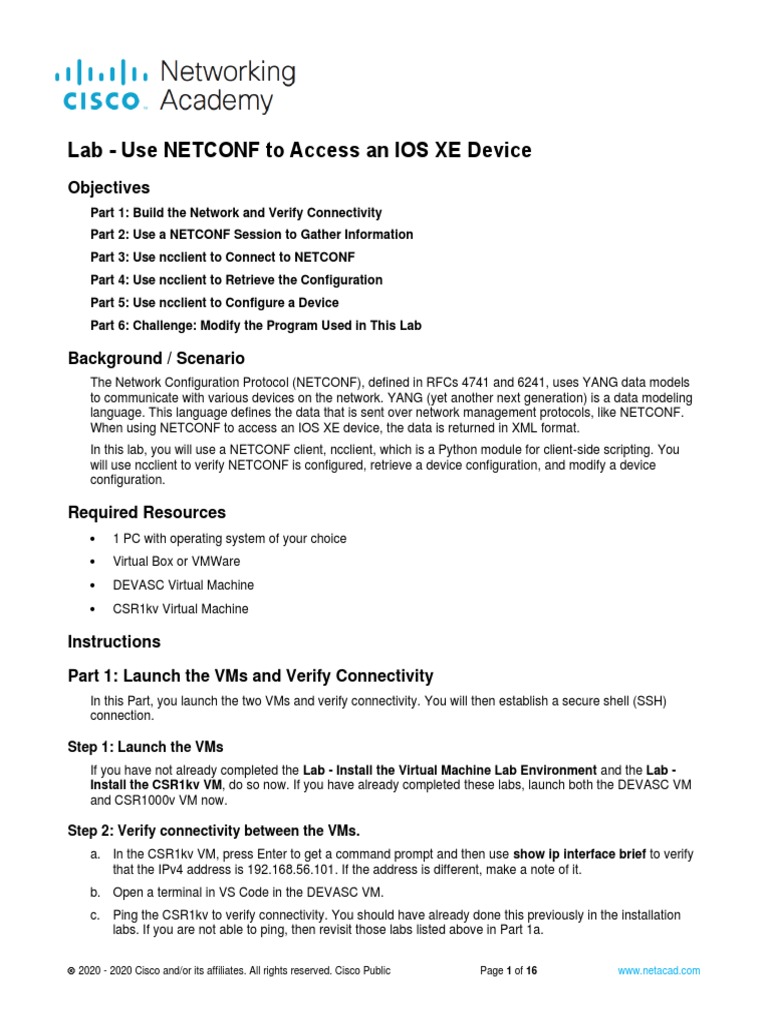 836 Lab Use Netconf To Access An Ios Xe Device Pdf Virtual Machine Ip Address