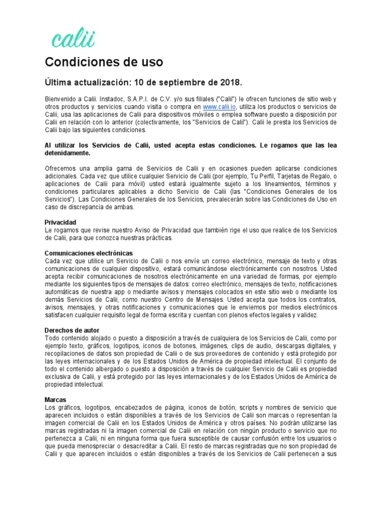 Condiciones de Uso de Calii | PDF | Software | Propiedad intelectual