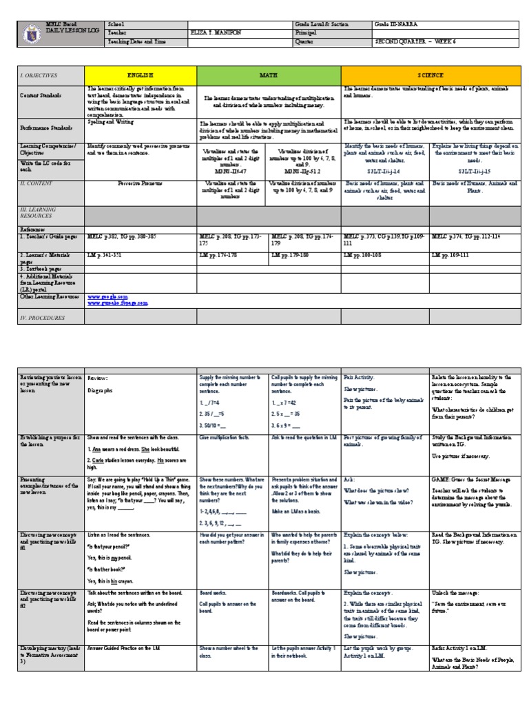Grade III Daily Lesson Log: Week 6 | PDF | Learning | Teachers