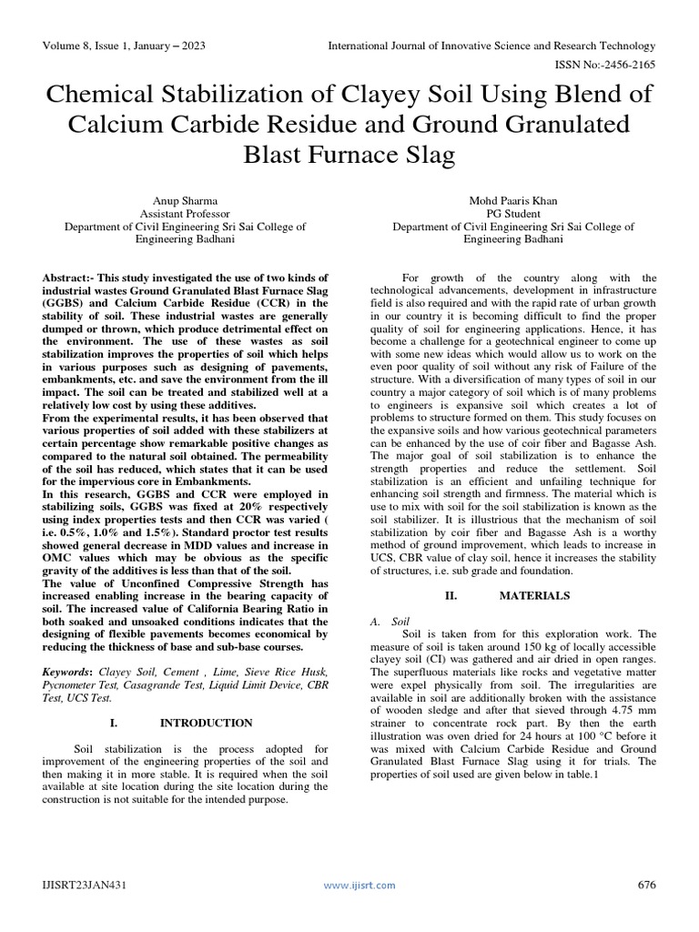 Chemical Stabilization of Clayey Soil Using Blend of Calcium Carbide ...