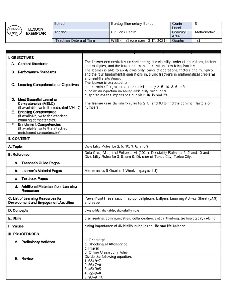 Mathematics 5 Q1 Week 1 Lesson Exemplar | PDF | Learning | Numbers