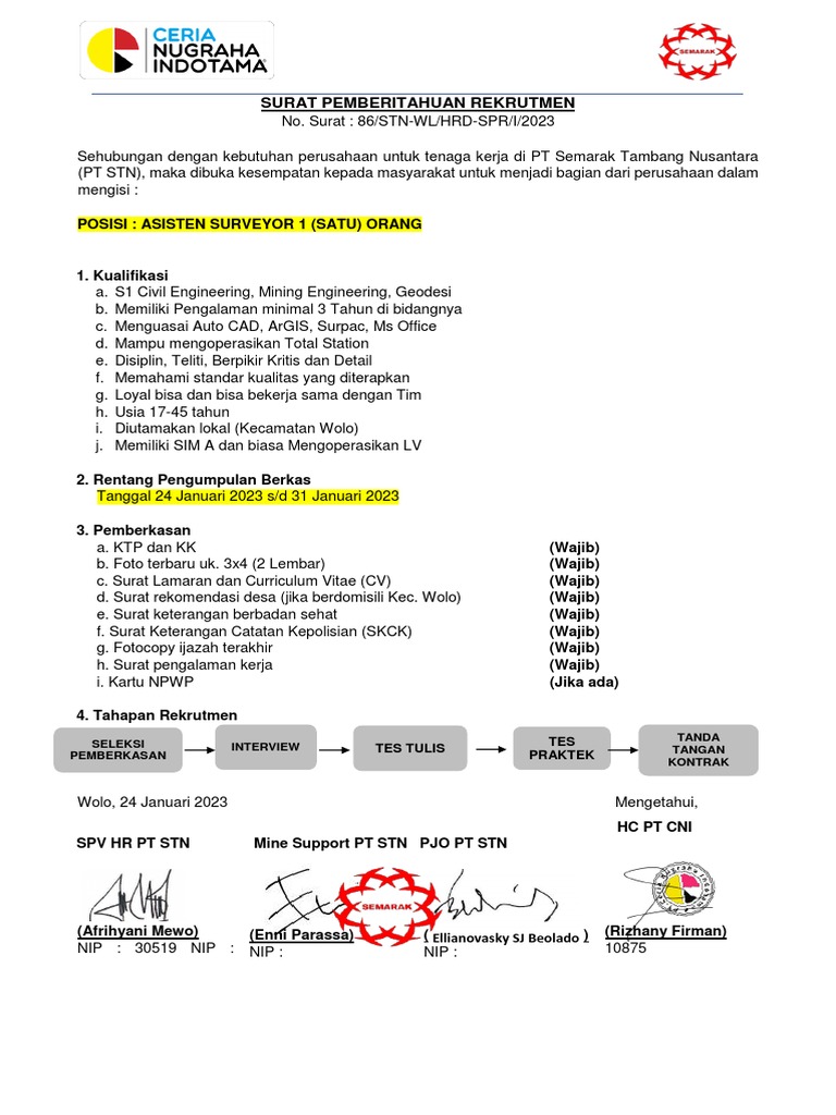 Surat Pemberitahuan Rekrutmen Assisten Surveyor 1 Orang PT STN | PDF