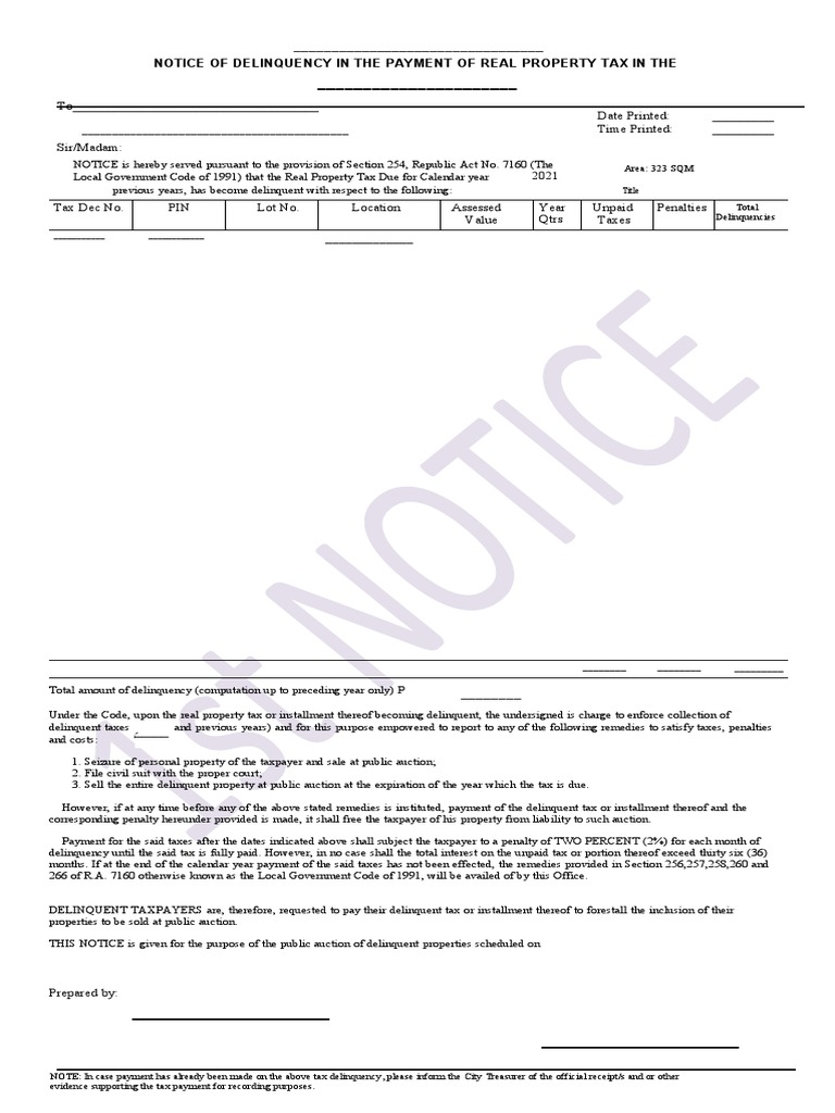 Real Property Tax Delinquency Notice | PDF | Finance & Money Management