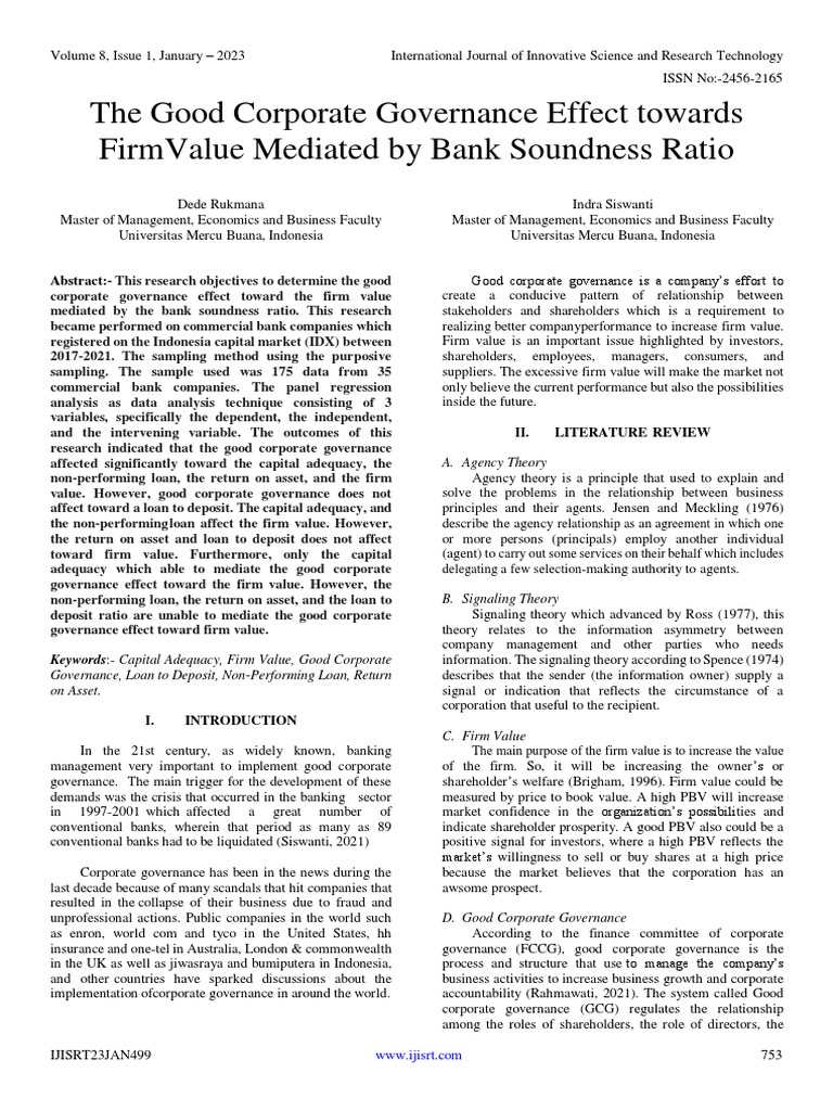 The Good Corporate Governance Effect Towards FirmValue Mediated by Bank Soundness Ratio | PDF ...