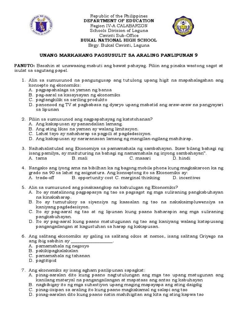 1ST QT Exam Ap 9 | PDF