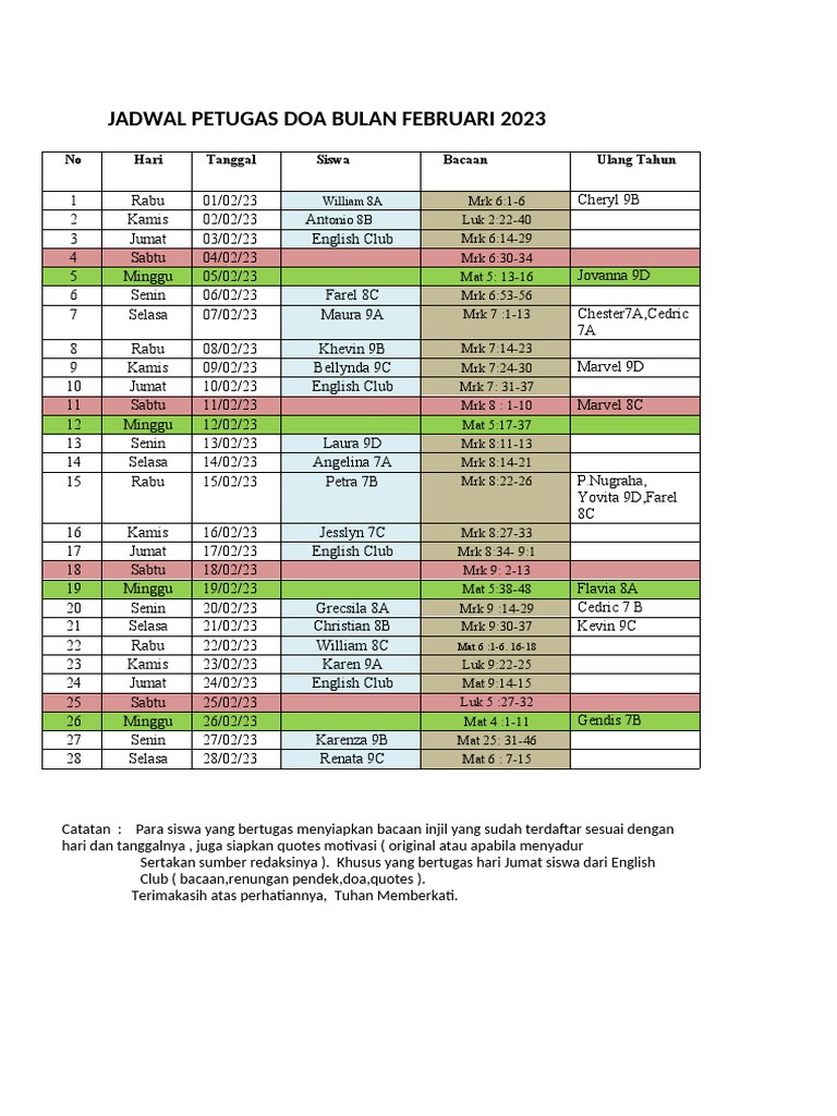 Jadwal Doa Pagi Februari 2023 SISWA | PDF