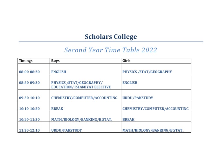 2nd Year TimeTable PDF | PDF