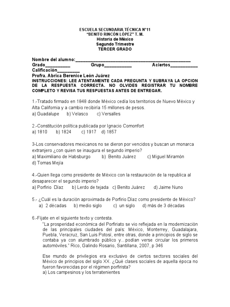 Examen Histo Mexico Abrica 3 E Y F | PDF | México | Politica de mexico