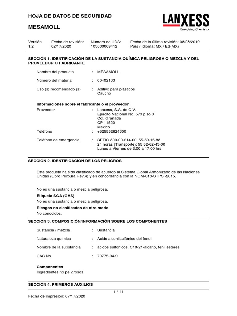 Hoja de Datos de Seguridad: Mesamoll | PDF | Residuos | Agua