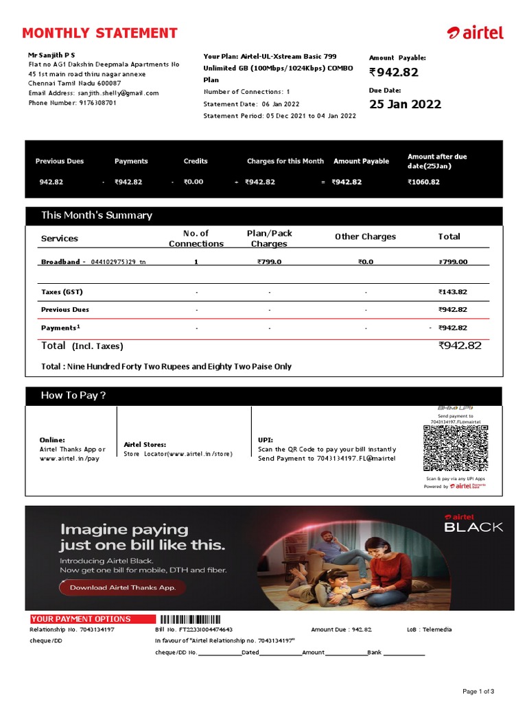 Monthly Statement for Unlimited GB (100Mbps/1024Kbps) COMBO Plan with ...