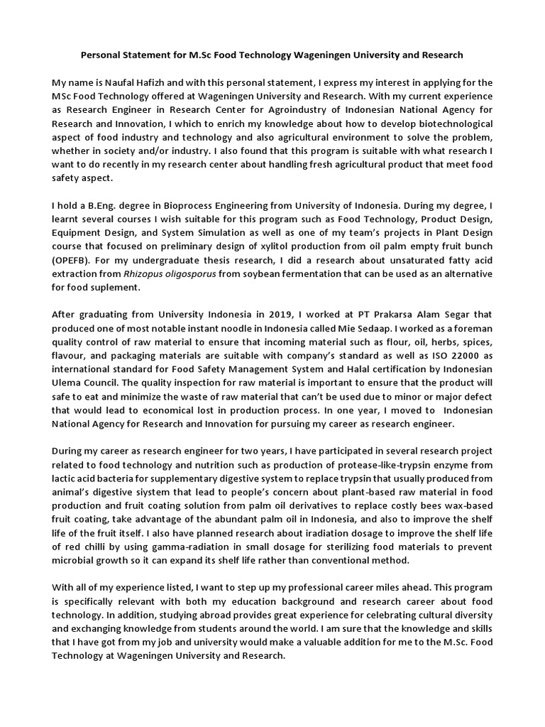 Personal Statement for MSc Food Technology | PDF | Foods | Nutrition