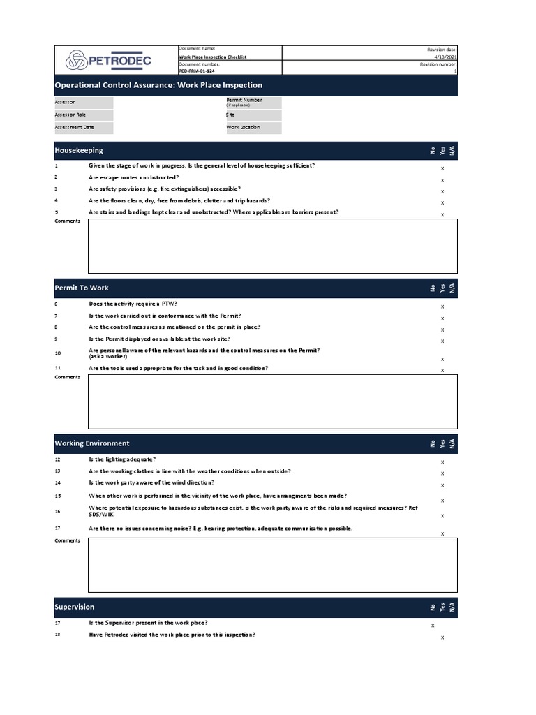 PED-FRM-01-124 Work Place Inspection Checklist Rev A2 | PDF | Working ...