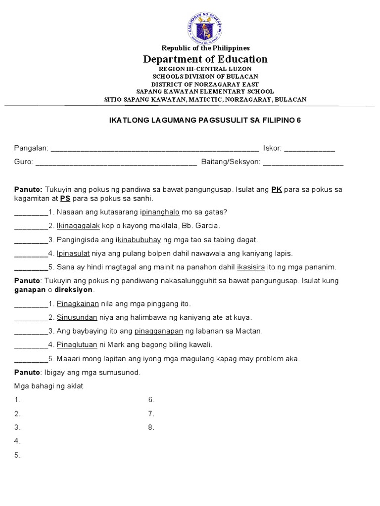 Filipino Third Exam 2nd - 082819 | PDF