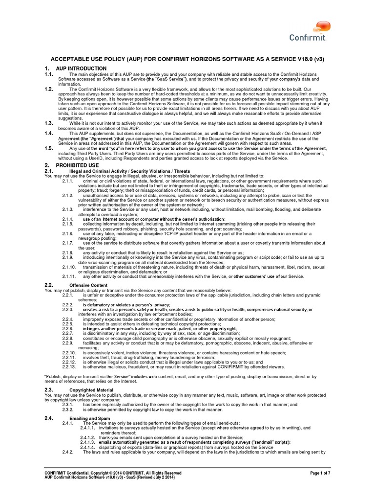 Acceptable Use Policy (Aup) For Confirmit Horizons Software As A ...