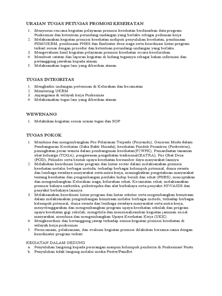Uraian Tugas Petugas Promosi Kesehatan | PDF