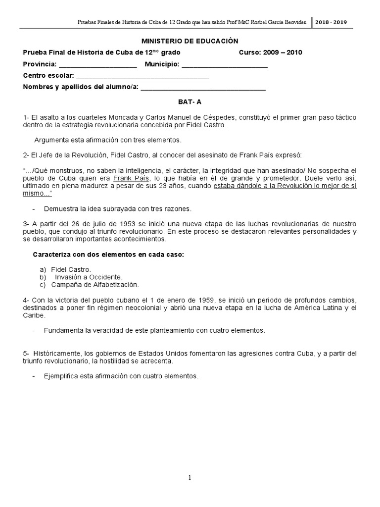 Pruebas Finales de Historia de Cubade12Grado Prof - MSC - Rosbel - Garc - A - Beovides. | PDF ...
