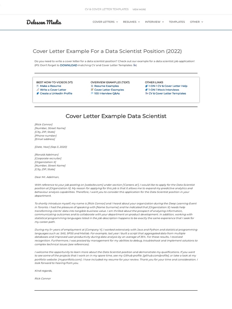 Cover Letter Example For A Data Scientist Position (2022) | PDF | Spss ...