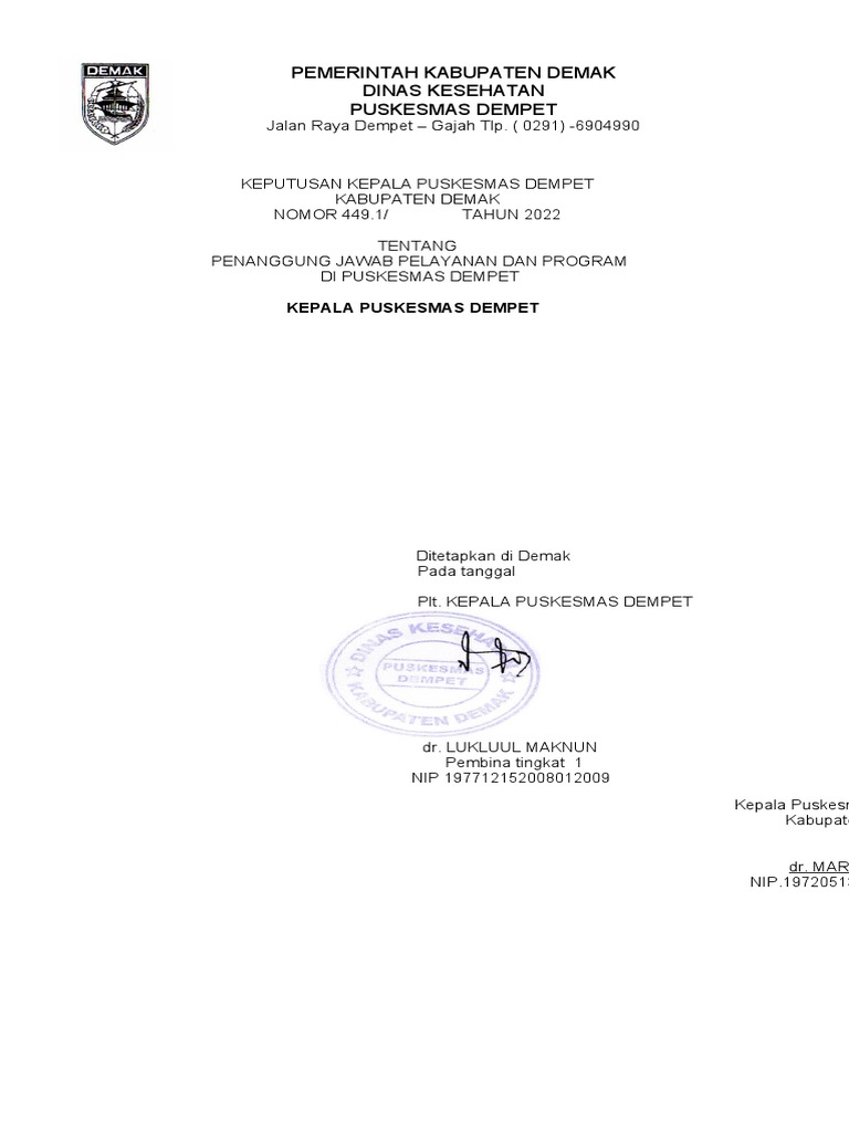 SK Penanggung Jawab Pelayan Dan Program Pusk Dempet | PDF