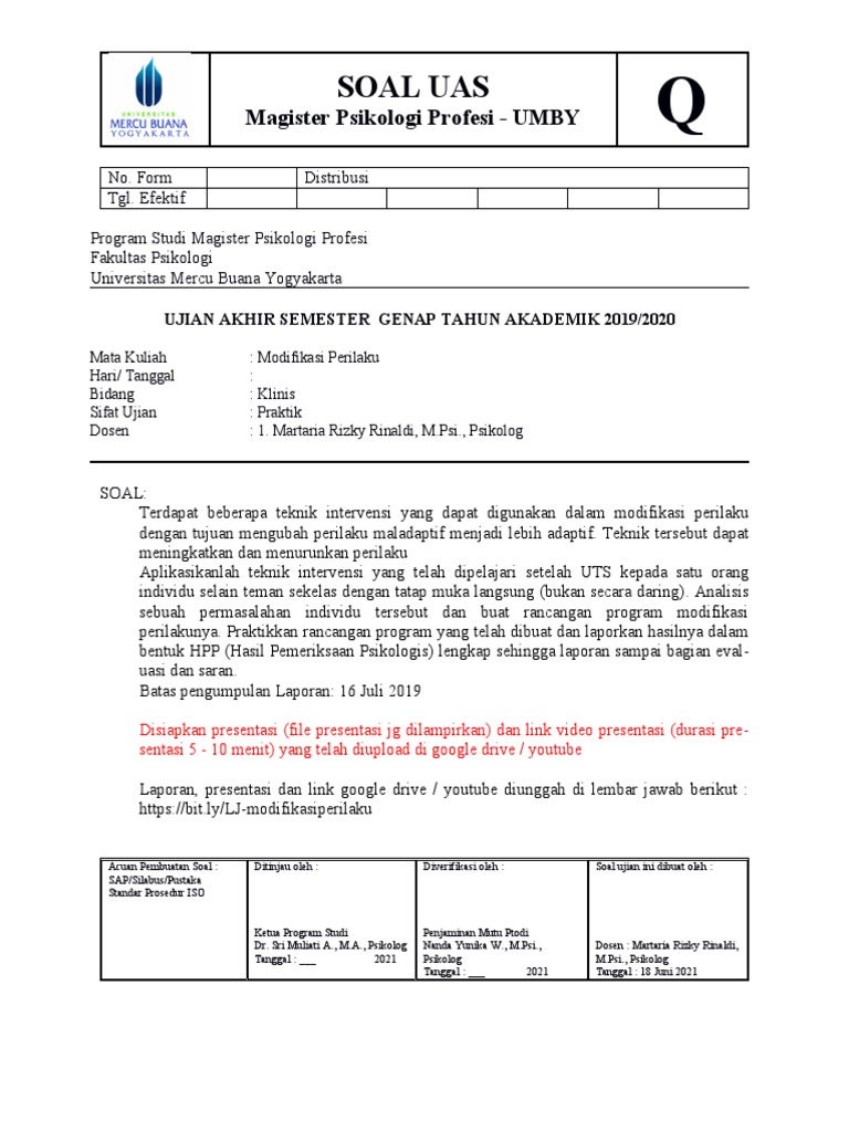 Soal UAS Martaria ModifikasiPerilaku KLINIS 2021 | PDF | Karier & Perkembangan
