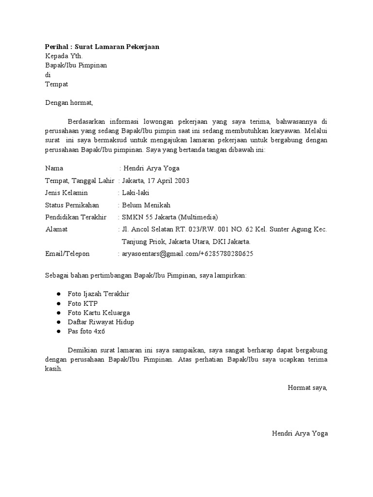 Surat Lamaran Kerja - Hendri Arya Yoga v1 | PDF Surat Lamaran Kerja - Hendri Arya Yoga v1 | PDF